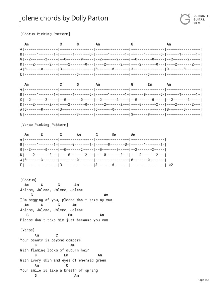 Jolene by Dolly Parton Simple Fingerpicking Arrangement | PDF