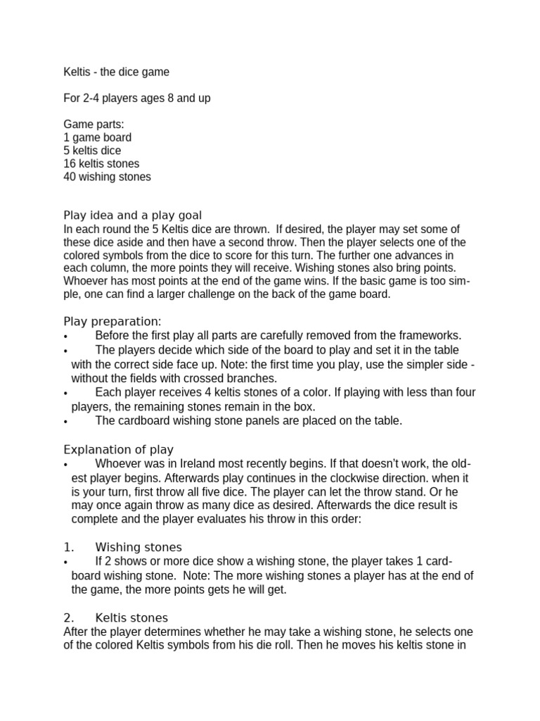 Keltis Dice Game in Word Format | PDF