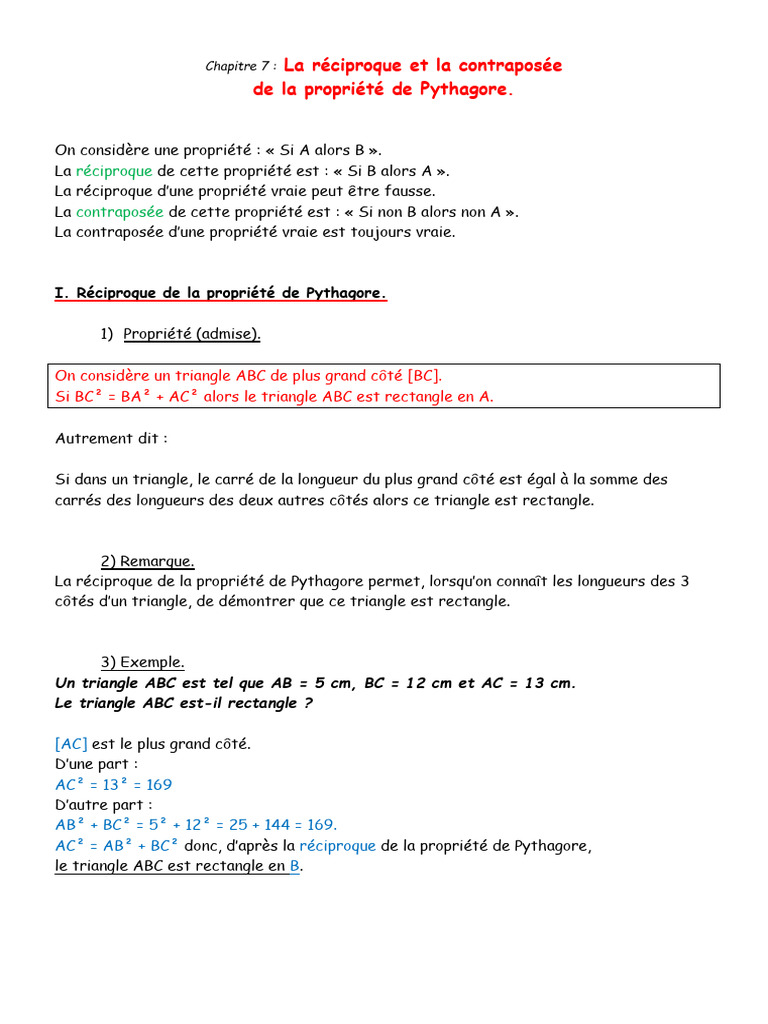 10.réciproque Pythagore - Cours Complet | PDF