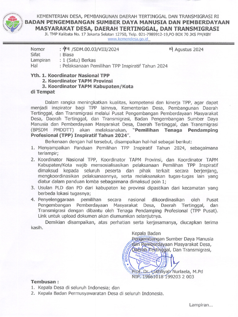 Surat Pelaksanaan Pemilihan TPP Inspiratif Tahun 2024 | PDF