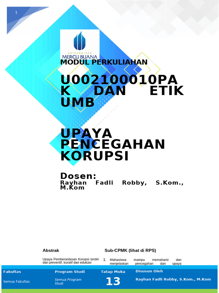 MODUL 13 ETIK - Upaya Pencegahan Korupsi | PDF