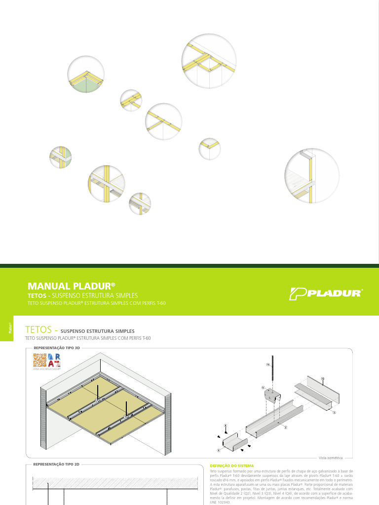 Construction - Ceilings - Pladur - 4.2.4 TETO SUSPENSO Estructura Simple Com Perfis T 60 | PDF
