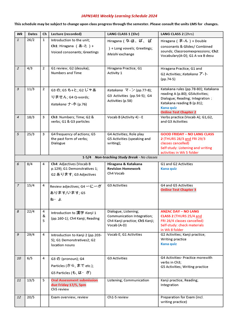 JAPN1401 Weekly Learning Schedule 2024 | PDF
