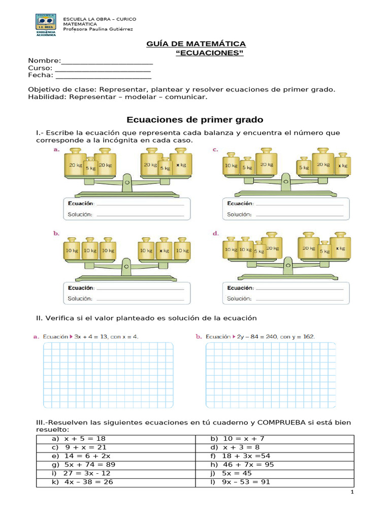 Guia de Ecuaciones 6to Basico | PDF