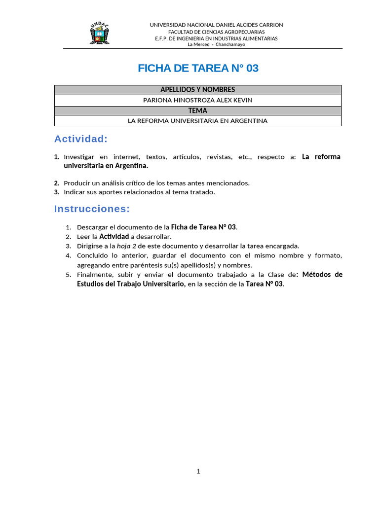 Ficha de Tarea #03 - METU - (PARIONA HINOSTROZA ALEX KEVIN) | PDF