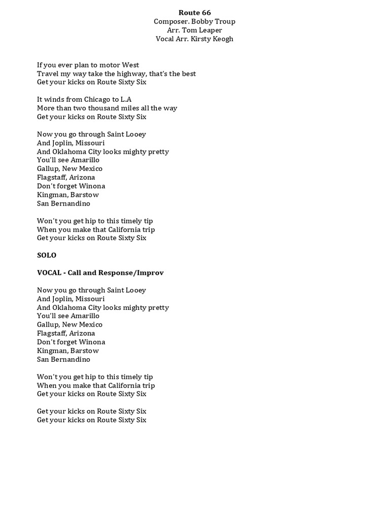 Route 66 Lyrics | PDF