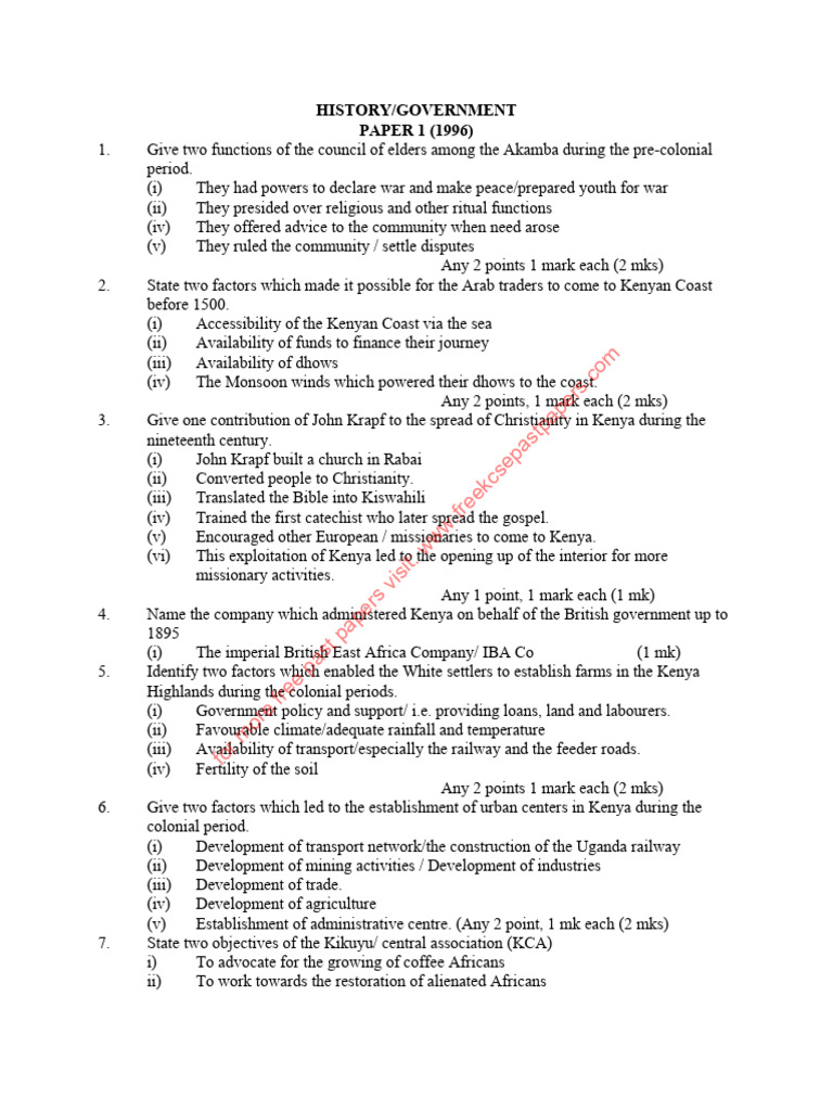 KCSE 1996 1999 History and Government Marking Scheme | PDF