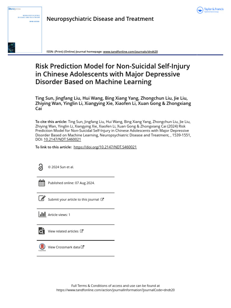 Risk Prediction Model For Non-Suicidal Self-Injury in Chinese ... Risk Prediction Model For Non-Suicidal Self-Injury in Chinese ...