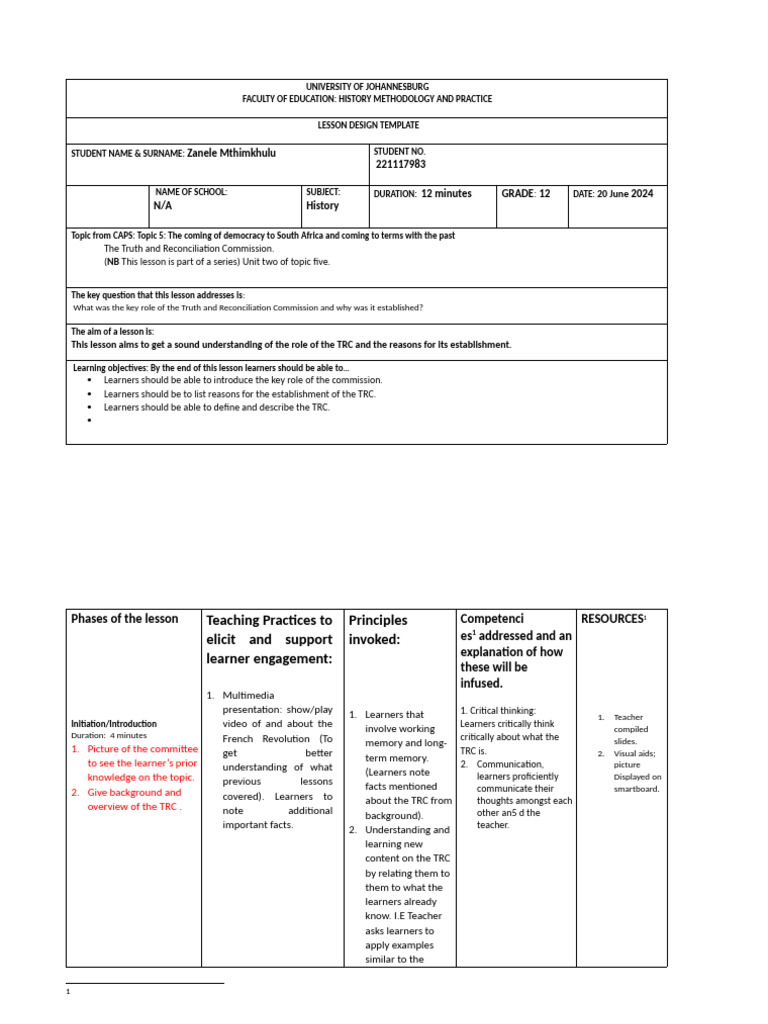 History Grade 12 Lesson Plan 12 August | PDF