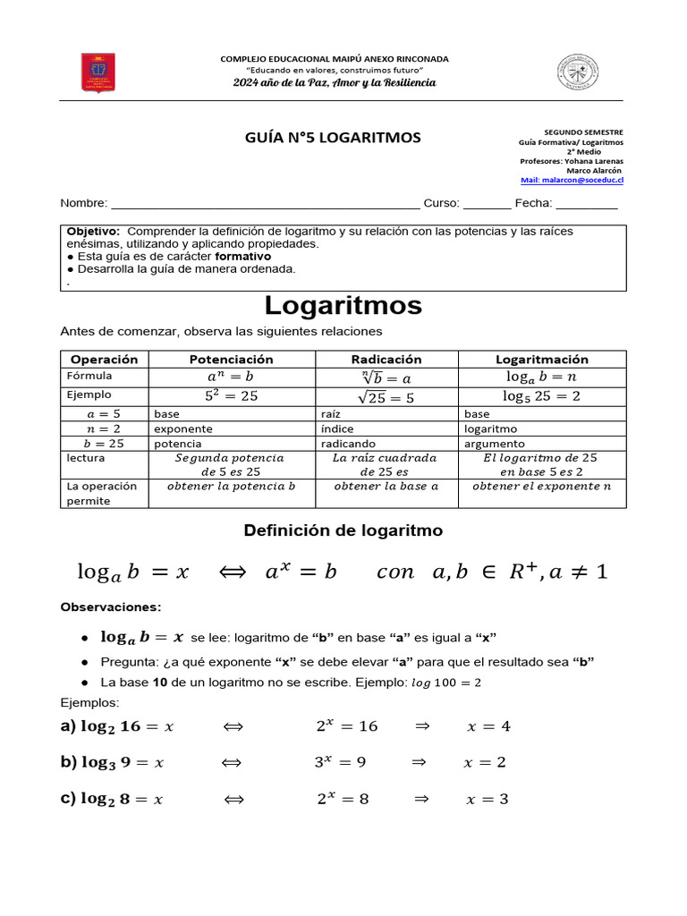 Guía N° 5 Segundo Medio. Logaritmos | PDF