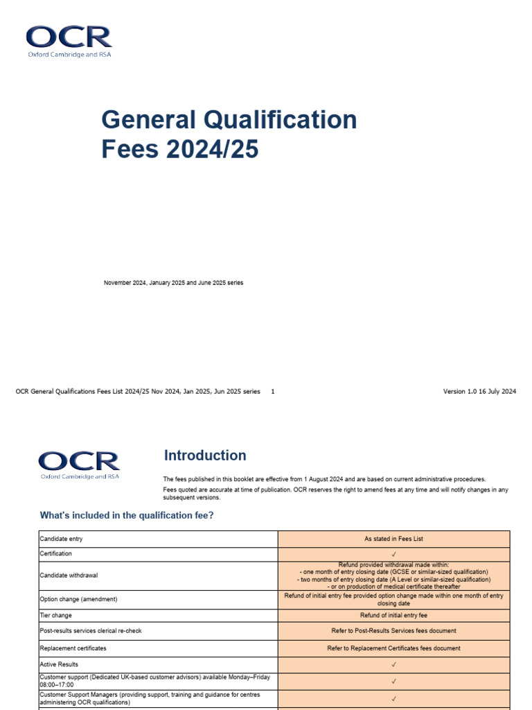Qualification Fees General Qualifications 2024 25 | PDF