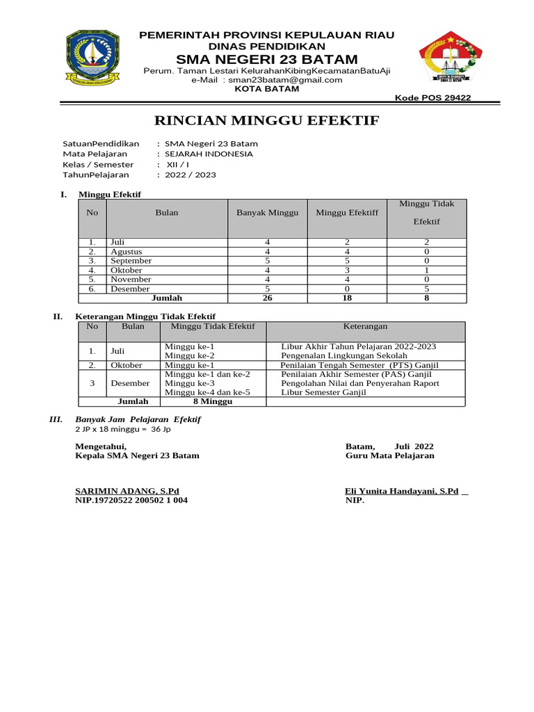 Rincian Minggu Efektif: Sma Negeri 23 Batam | PDF