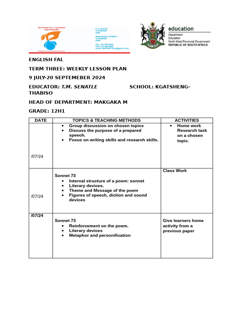 Term Two Lesson Plans (Senatle) | PDF