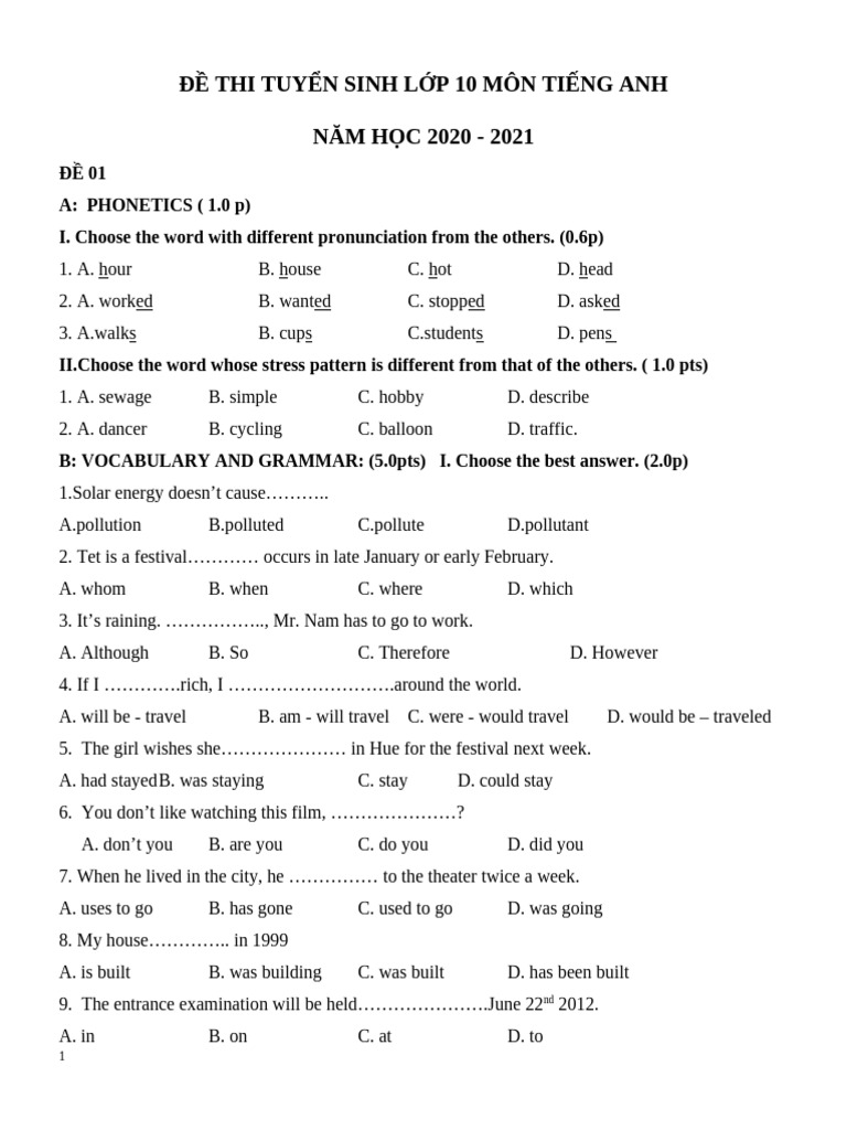 30 de Thi Vao Lop 10 Mon Tieng Anh Co Dap An | PDF