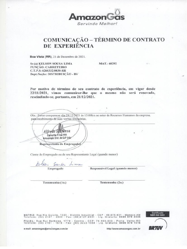 Comunicado de Termino de Contrato Kelson - Assinado | PDF