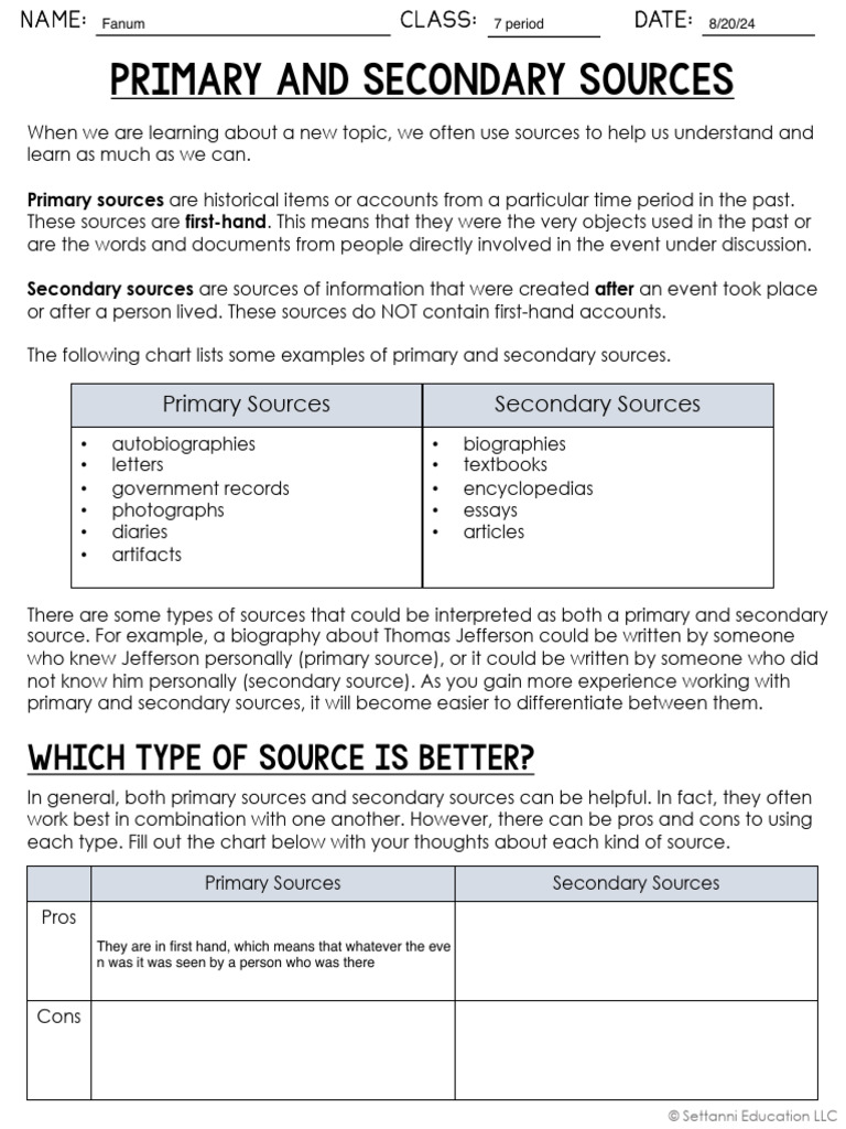 Primary and Secondary Sources Worksheets | PDF