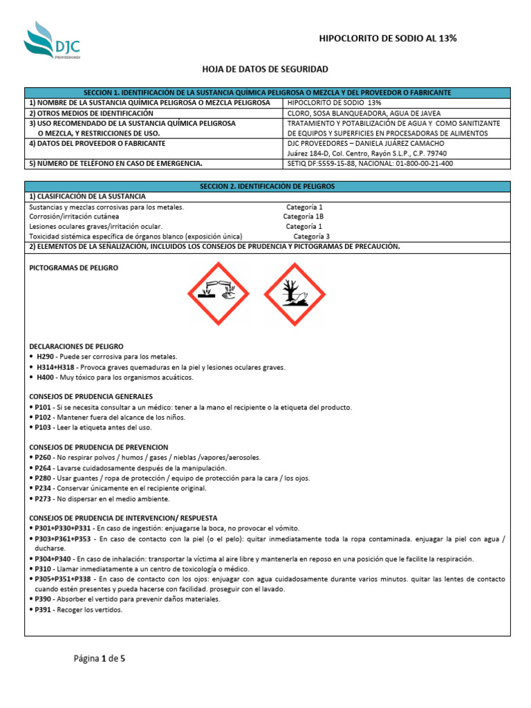 HDS Hipoclorito de Sodio Al 13% Hoja de Datos de Seguridad (MSSD) | PDF