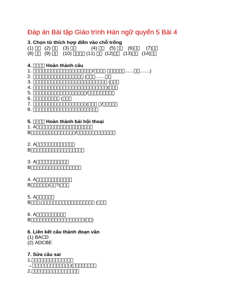 Đáp án Bài tập Giáo trình Hán ngữ quyển 5 Bài 4 | PDF