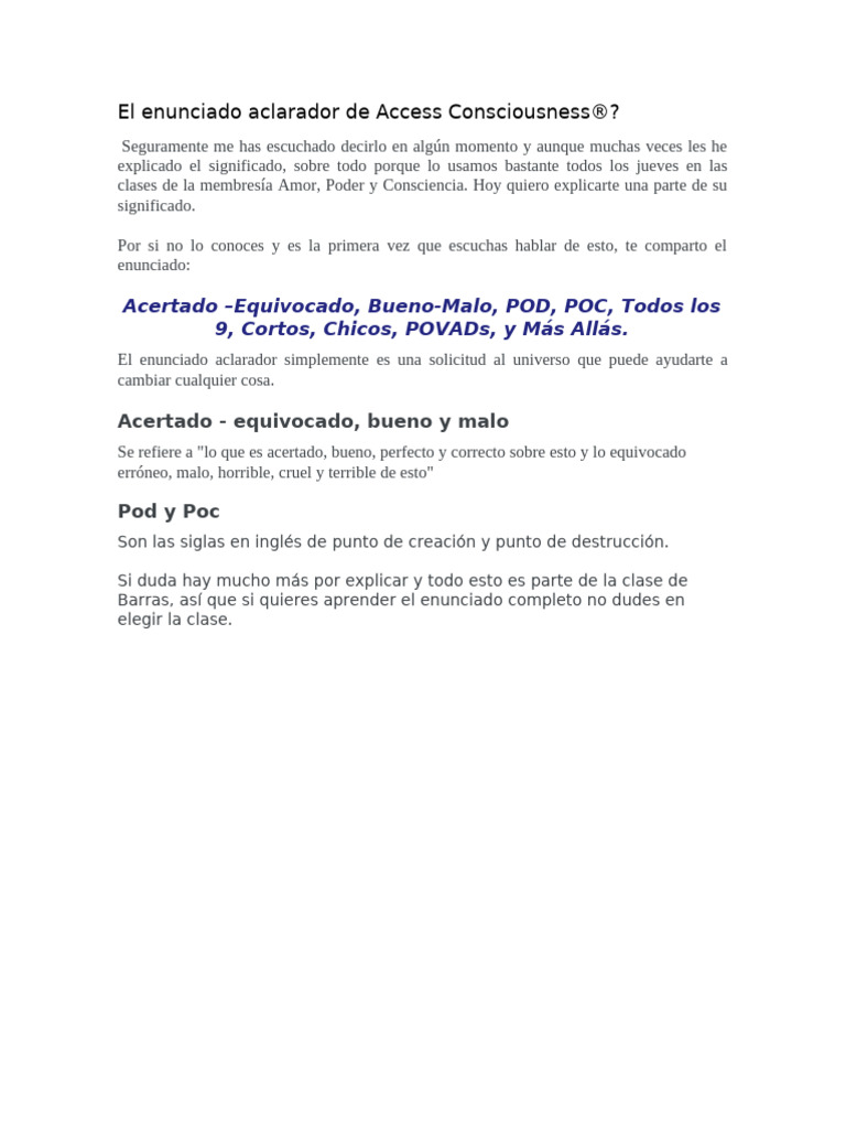 Enunciado Aclarador De Access Consciousness Pdf