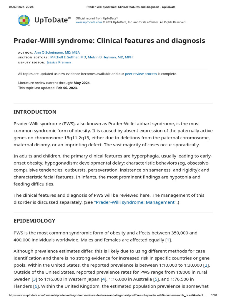 Prader-Willi Syndrome - Clinical Features and Diagnosis - UpToDate | PDF