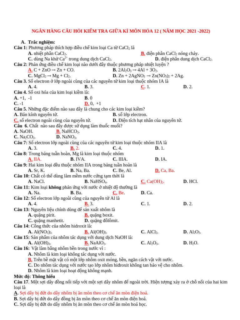 ..GV 12 Ngan Hang Cau Hoi On Tap - GK 2 | PDF