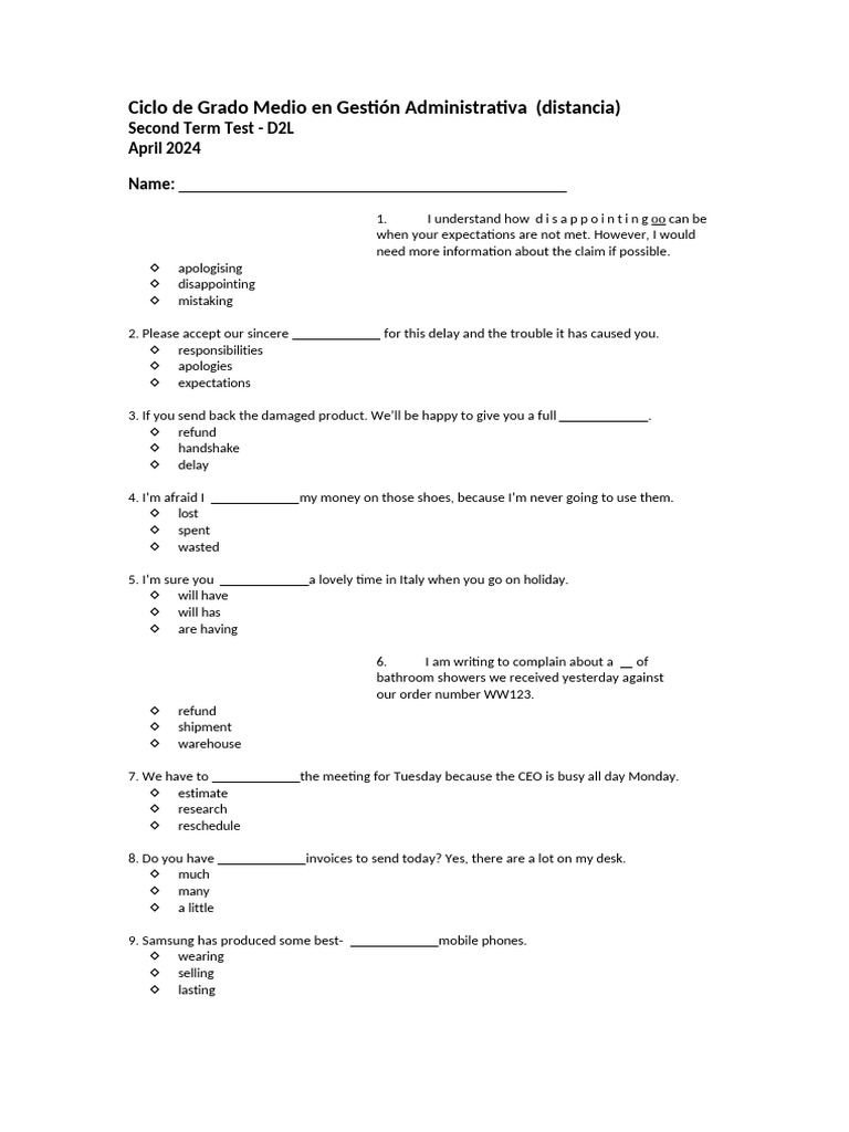 Second Term Test - April2024 - D2L | PDF