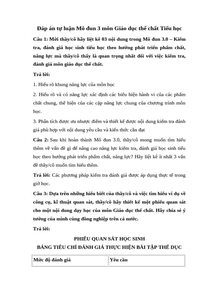 Dap An Cau Hoi Tu Luan Mo Dun 3 Mon Giao Duc The Chat Tieu Hoc | PDF