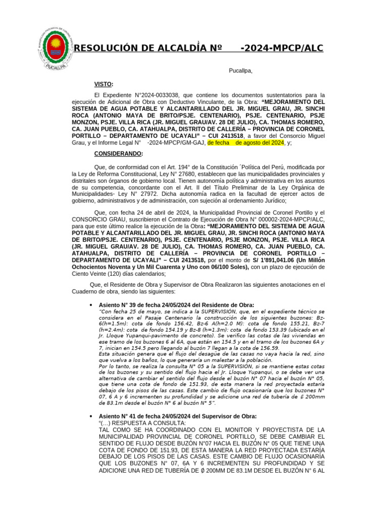 Res. Adicional de Obra N 01 - Deductivo Vinculante de Obra N 1.-. | PDF | Presupuesto | Regulación
