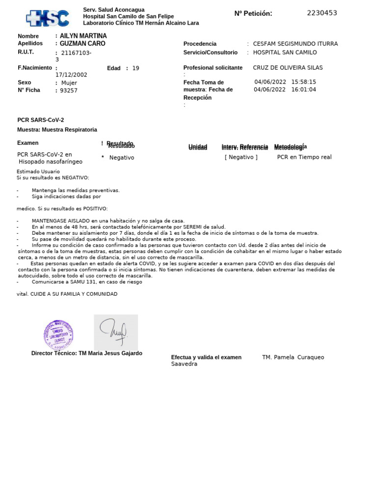 Resultado PCR SARS-CoV-2 Negativo | PDF | Medicina CLINICA | Epidemiología