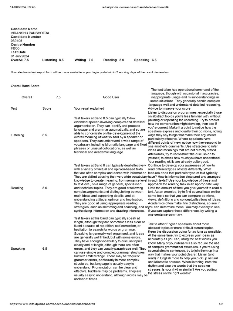 Ielts Result | PDF