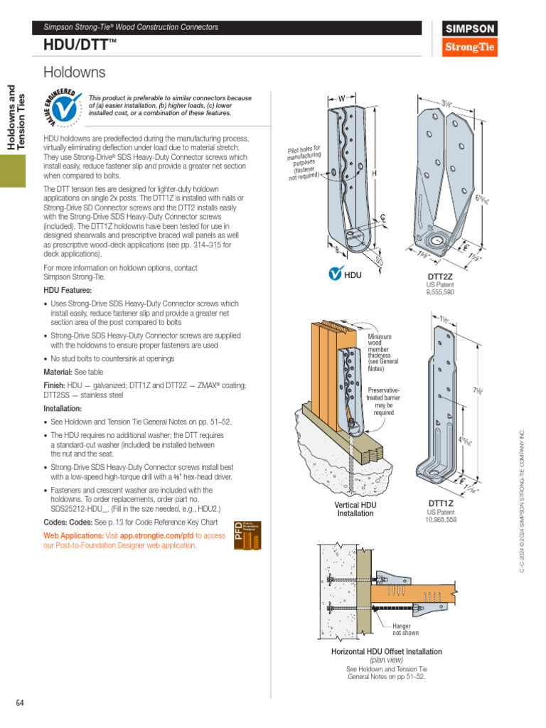 Hdu/Dtt Holdowns: Simpson Strong-Tie Wood Construction Connectors | PDF