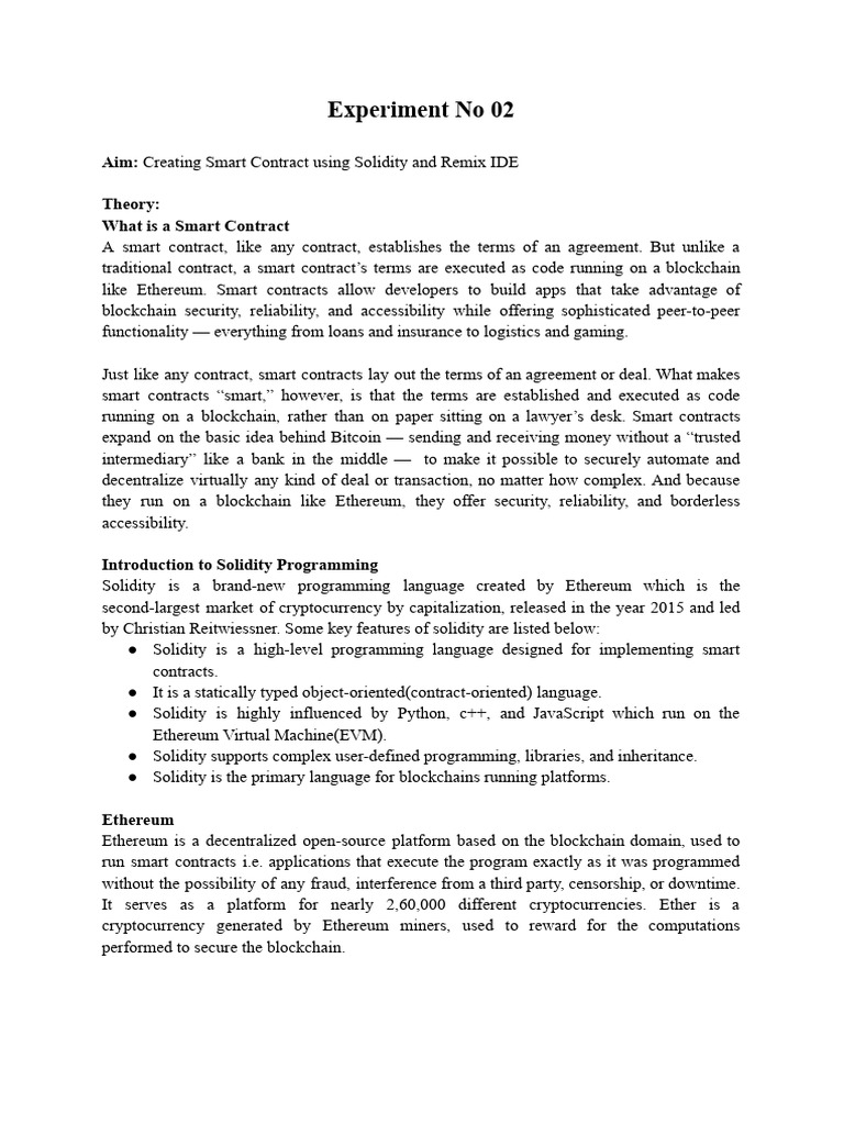 Experiment No 02: Aim: Creating Smart Contract Using Solidity and Remix IDE Theory: What Is A ...