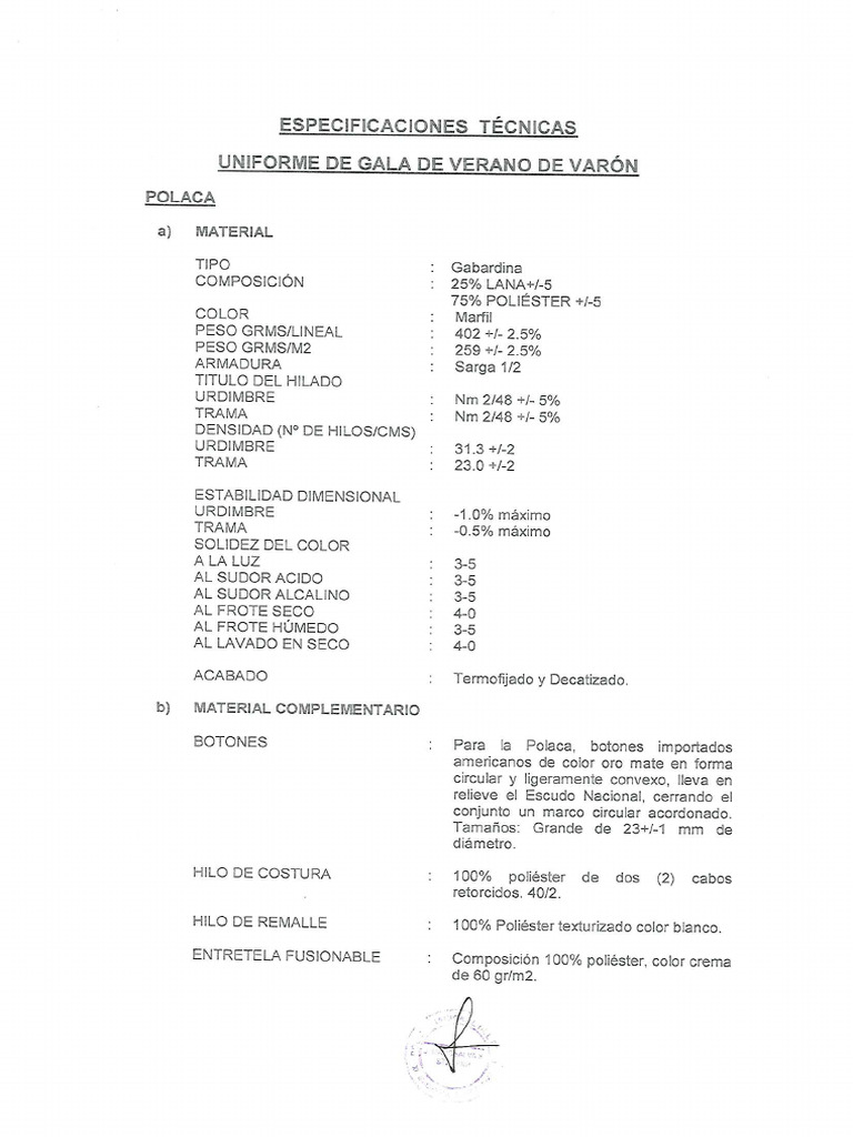 Ficha Tecnica Uniforme de Gala Verano Varones | PDF