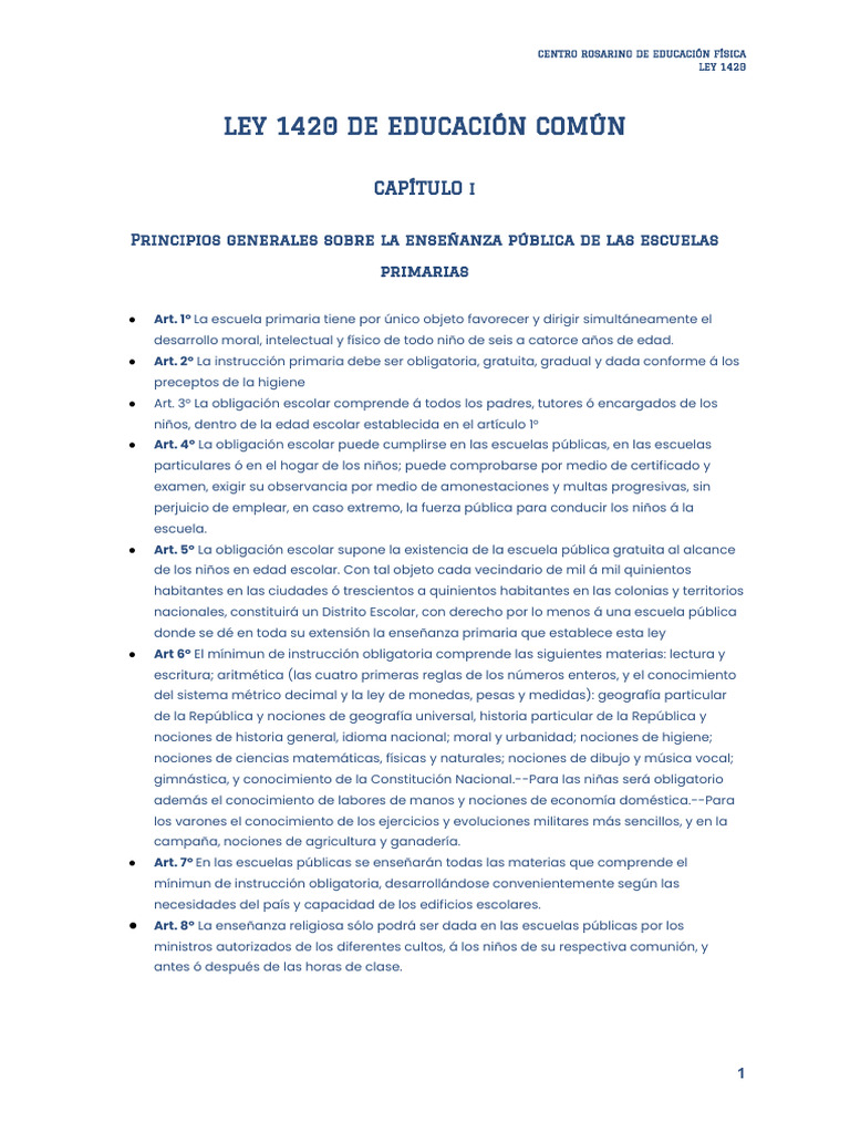 Ley 1420 de Educacion Fisica 1 | PDF