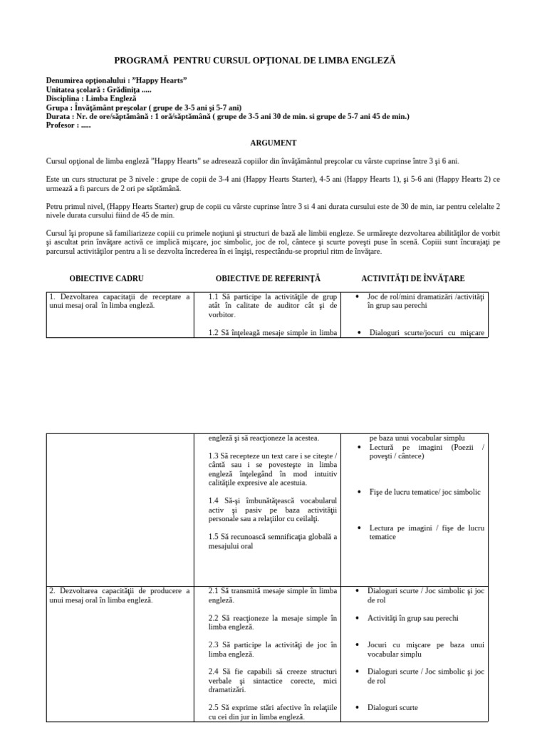 Limba Engleza - Programa Optional Happy Hearts - Gradinita | PDF