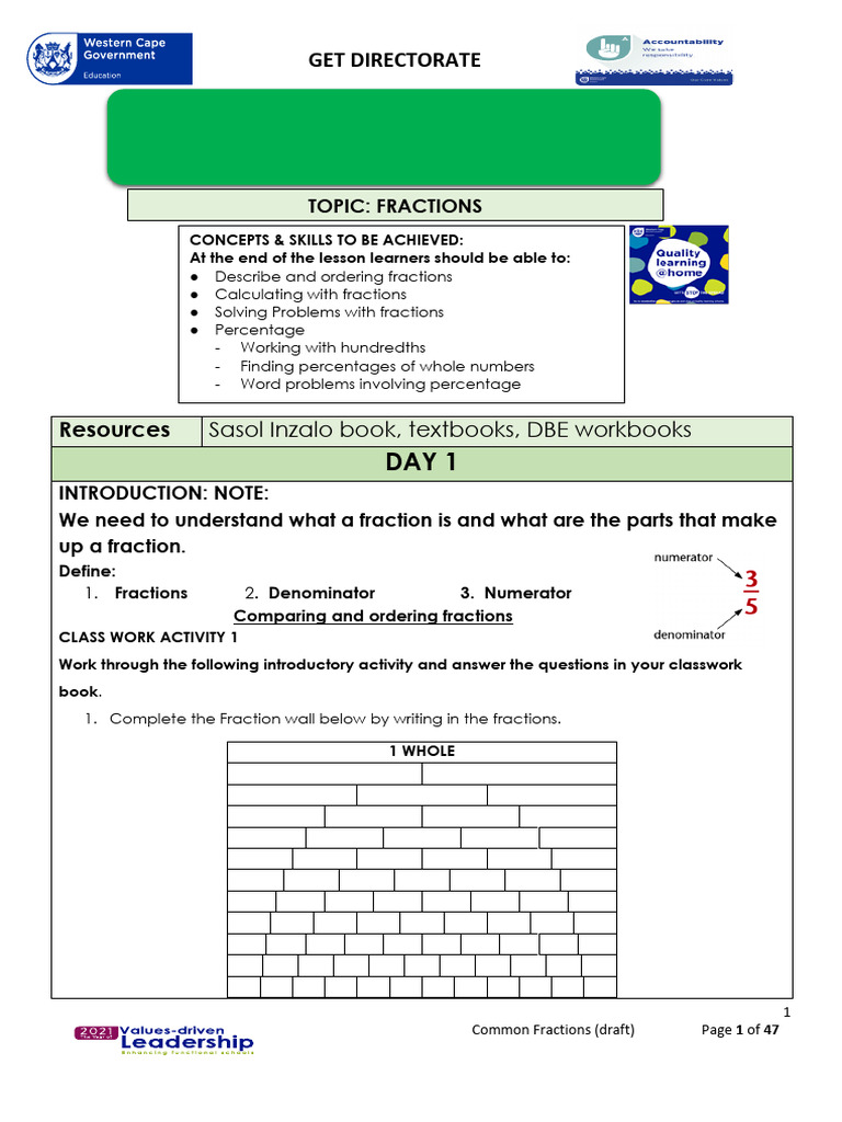 Lesson Plan Gr. 6 Mathematics Term 2 Week 4,5,6 Common Fractions Option ...