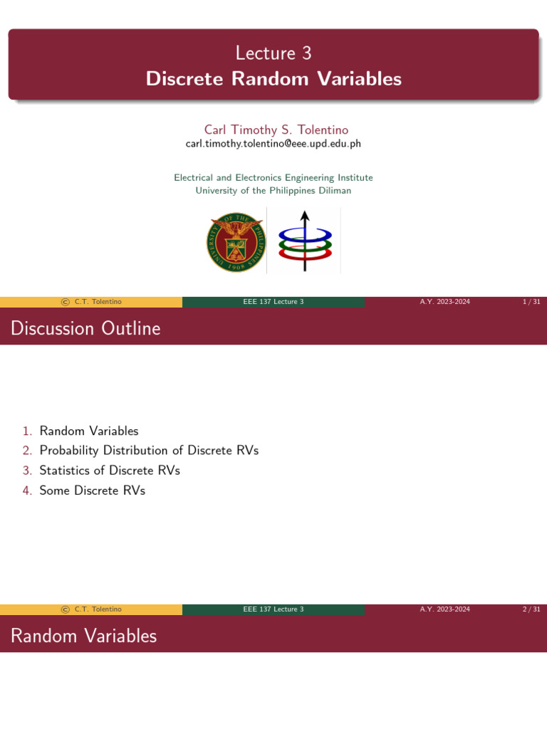 Lecture 3 Discrete Random Variables Annotated | PDF