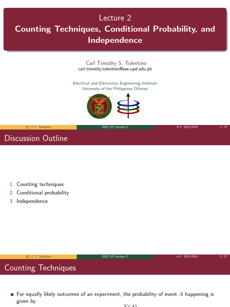Lecture 2 Counting Techniques, Conditional Probability, and Independence Annotated | PDF