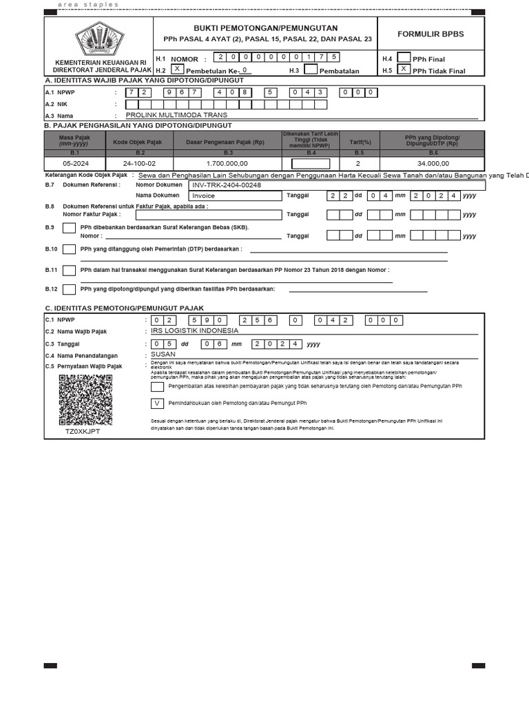 Bupot PPH 23 Mei 2024 Prolink | PDF