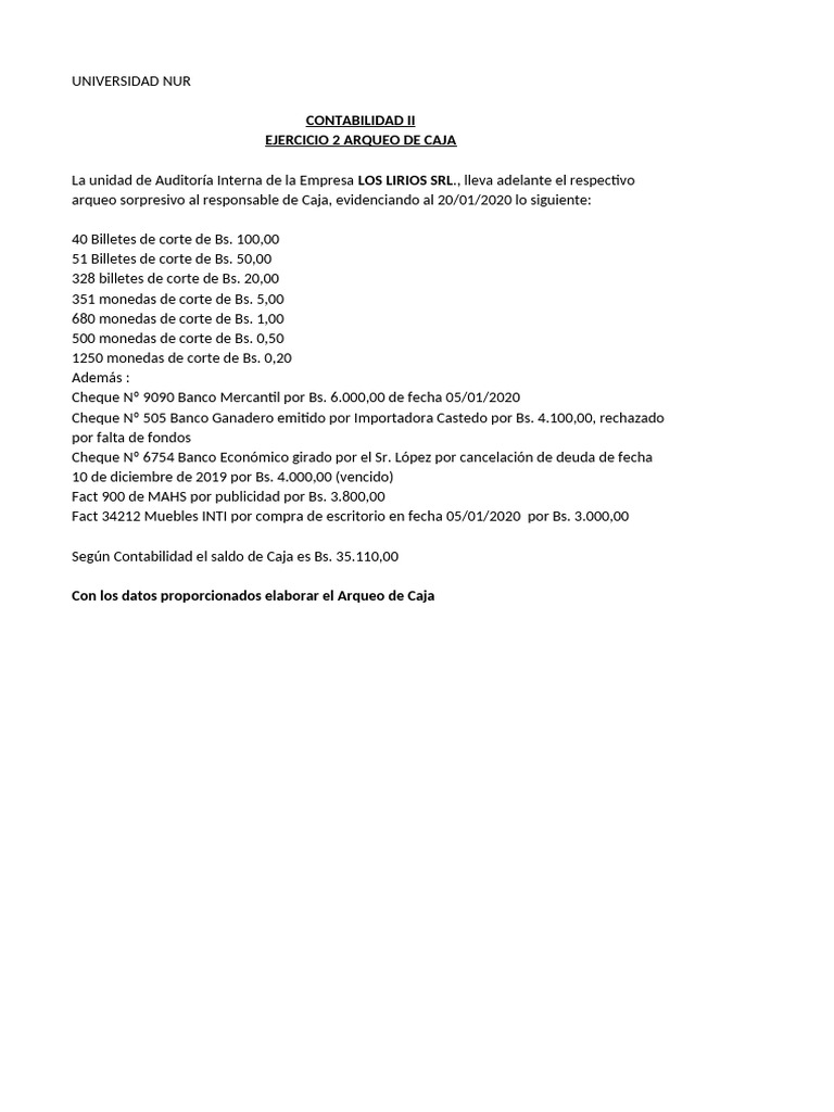 Arqueo de Caja Ejercicio 2 | PDF