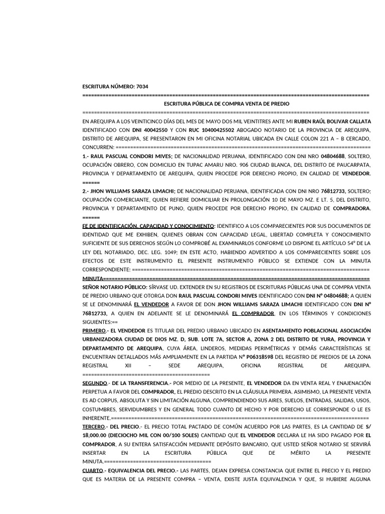 7034 - ESCRITURA CV RAUL PASCUAL CONDORI MIVES A JHON WILLIAMS SARAZA LIMACHE Eli | PDF