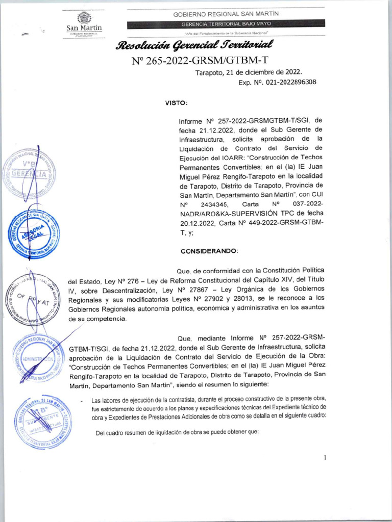 Resolución Gerencial N°265-2022-Grsm-Gtbm-T | PDF
