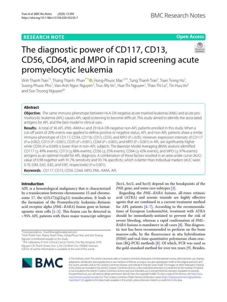 The Diagnostic Power of CD117, CD13, CD56, CD64, and MPO in Rapid Screening Acute Promyelocytic ...