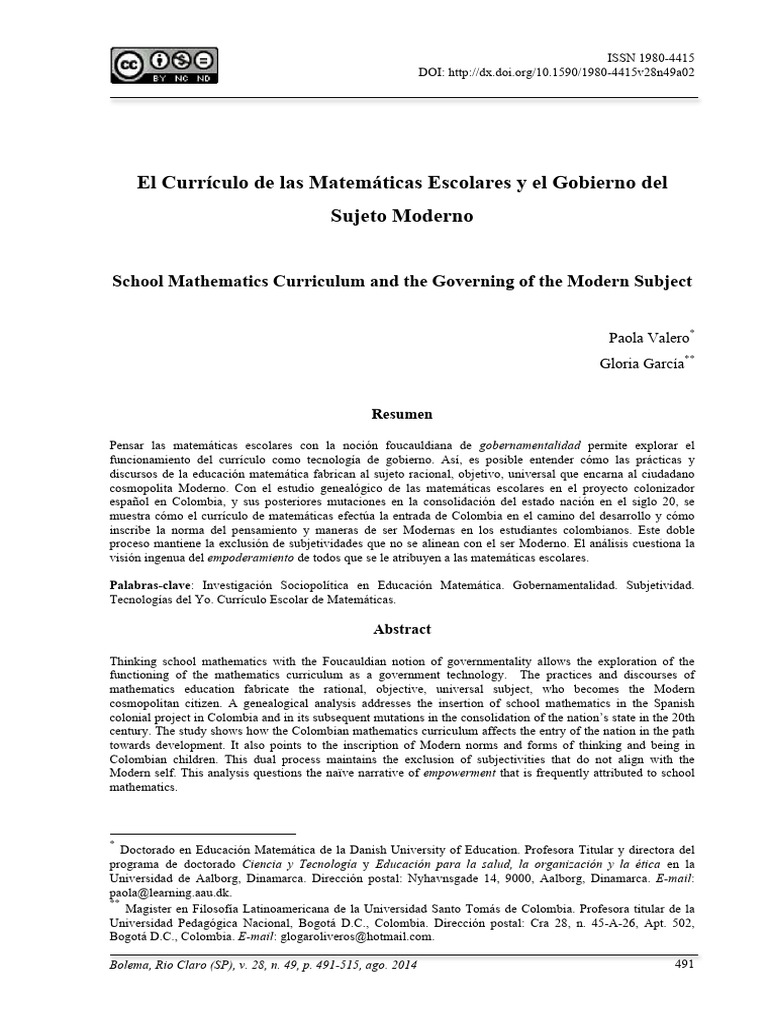 El Currículo de Las Matemáticas Escolares y El Gobierno Del Sujeto ...