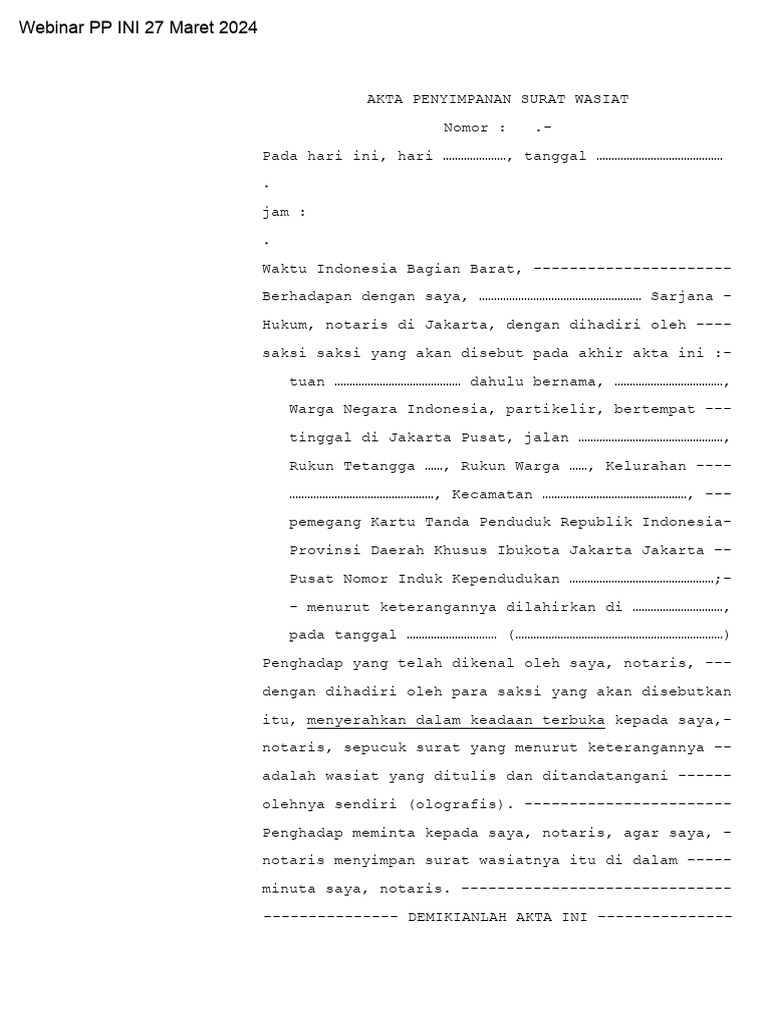 Contoh Akta Penyimpanan Surat Wasiat Terbuka Revisi - Watermark | PDF