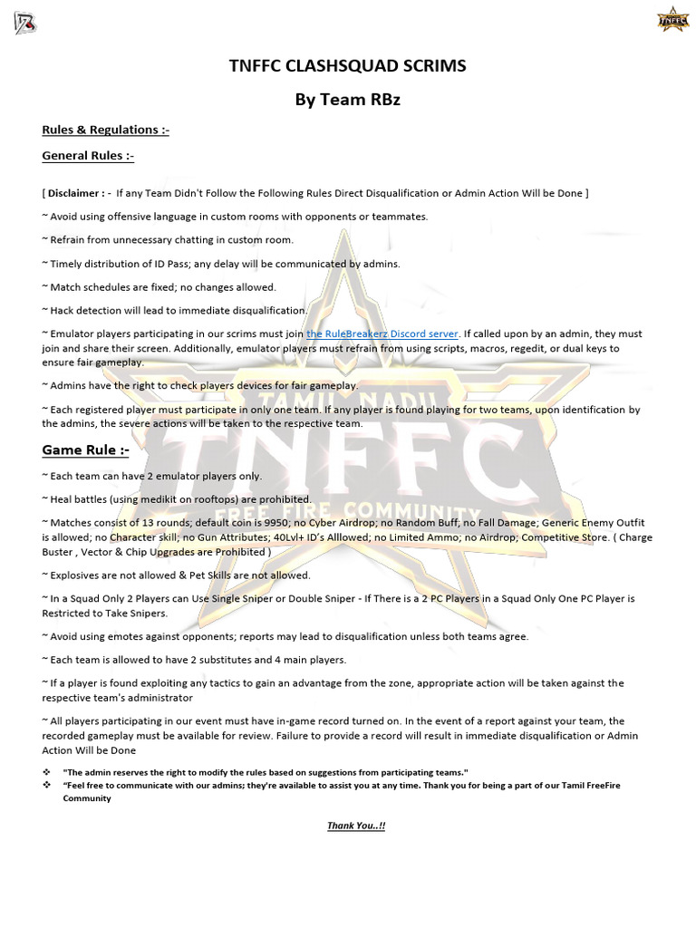 TNFFC ClashSquad Scrims Rules | PDF | Professional Wrestling