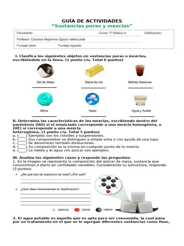 GUÍA DE ACTIVIDADES Sustancias Puras y Mezclas | PDF