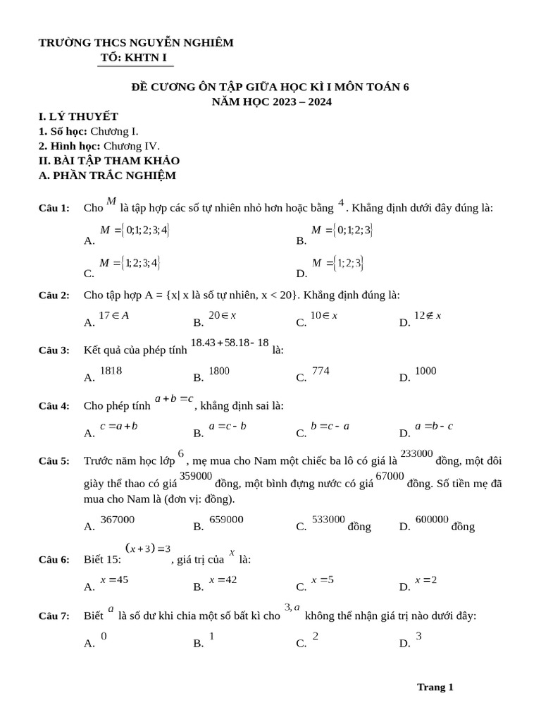 ĐỀ CƯƠNG GK1 TOÁN 6 2023-2024 | PDF