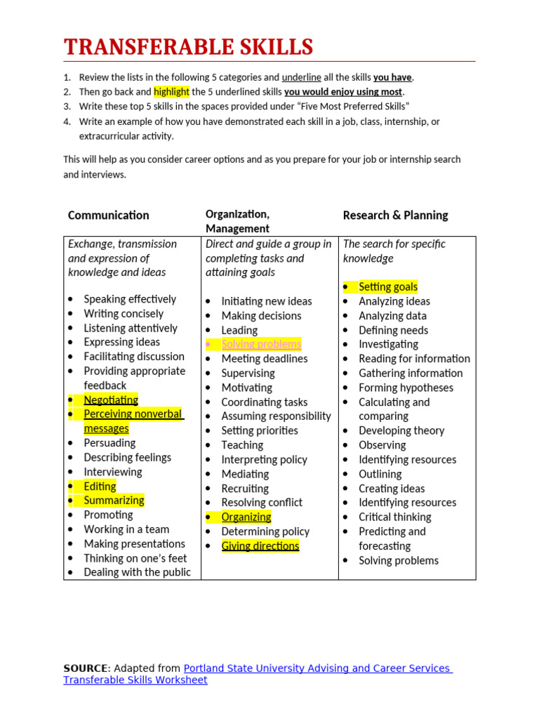 (Activity) Transferable Skills Worksheet | PDF