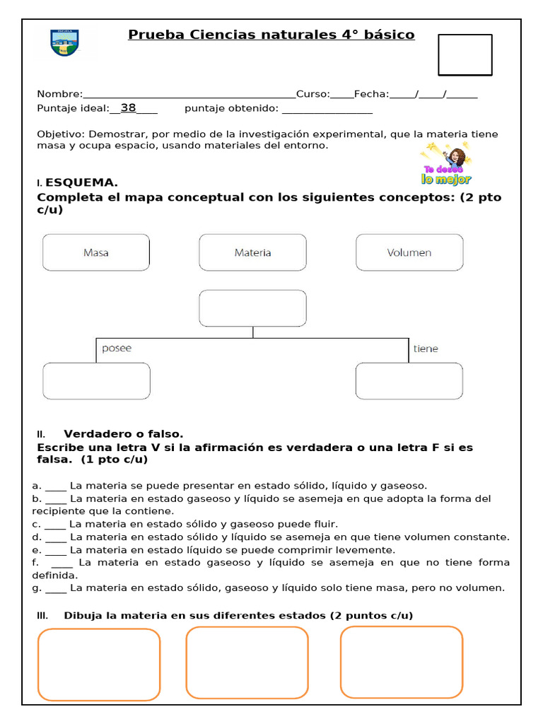 Prueba 4° Basico La Materia y Sus Propiedades | PDF